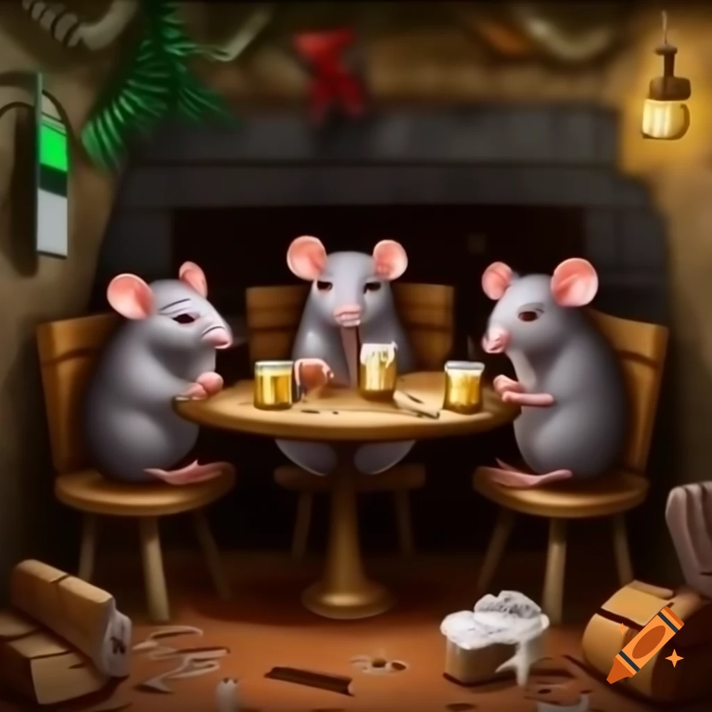 Anime-style scene of three rats enjoying beer at a table in a christmas ...
