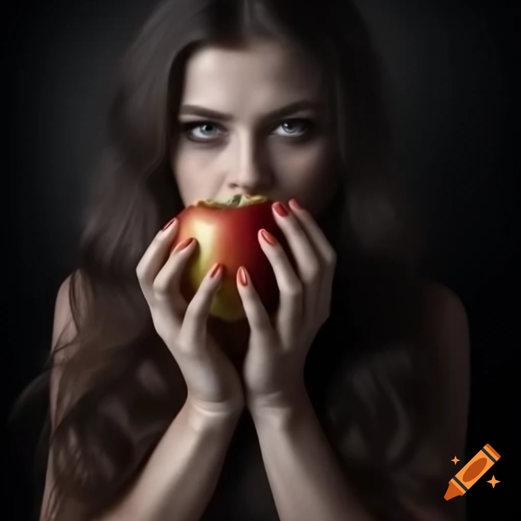 Realistic depiction of Eva biting into an apple on Craiyon