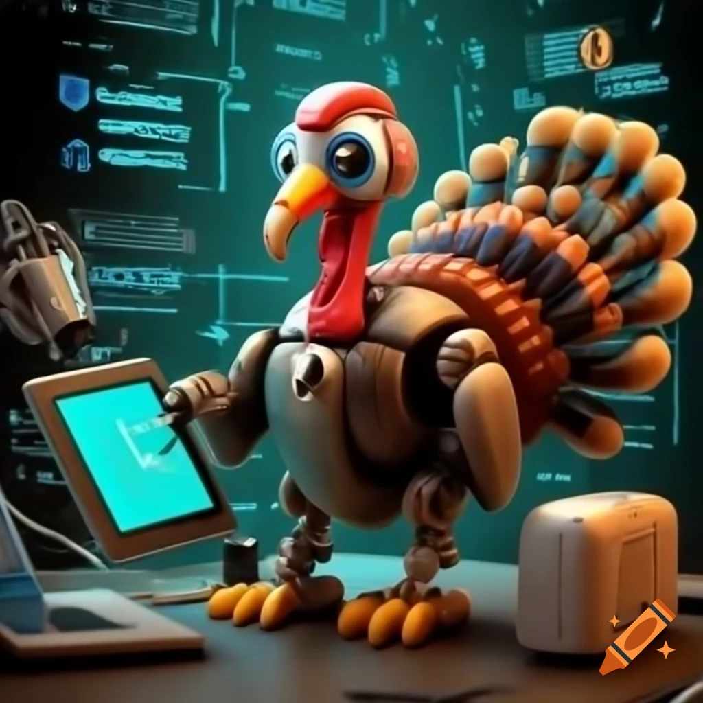 Robotic turkey with tech gadgets and coding symbols, vibrant colors on ...