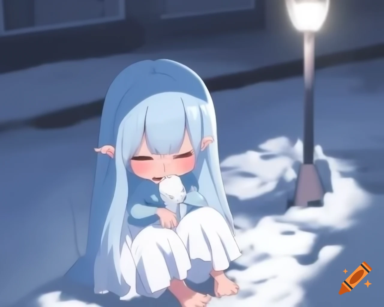 Anime blue-skinned elf girl in white dress on snowy street on Craiyon