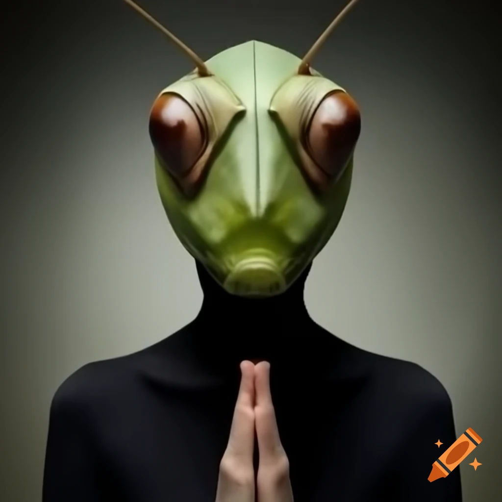Human wearing angular praying mantis mask with elongated face on Craiyon