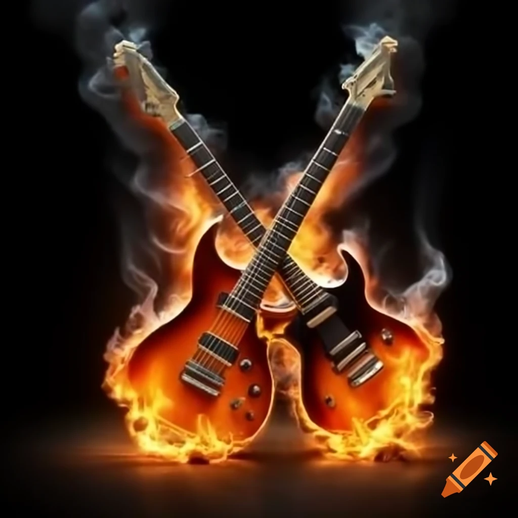 Crossed guitars on fire with rising flames on Craiyon