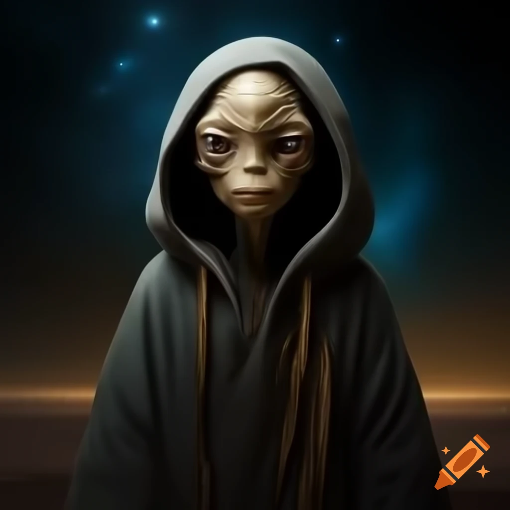 Mysterious alien figure in dimly lit outer space with flowing robe on ...