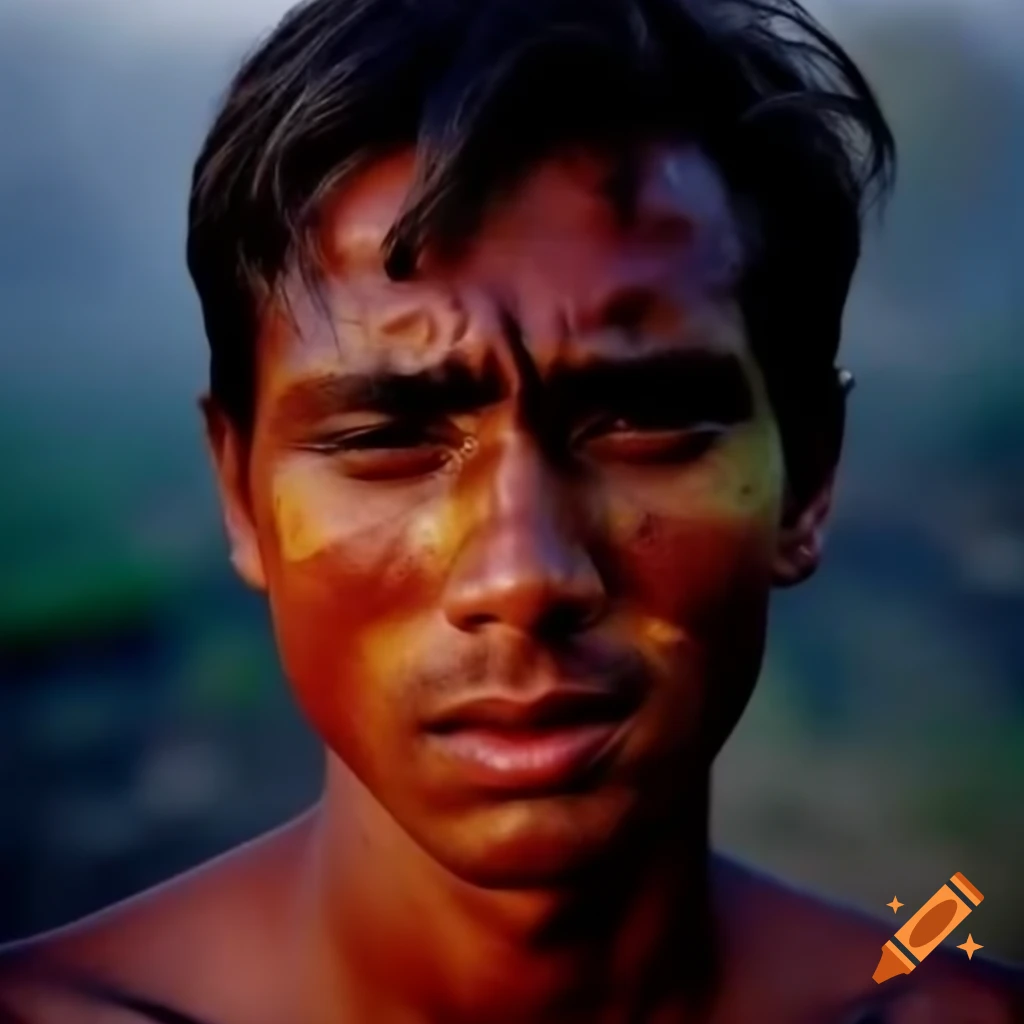 Young male model with reflective skin showing apocalypse scene on Craiyon