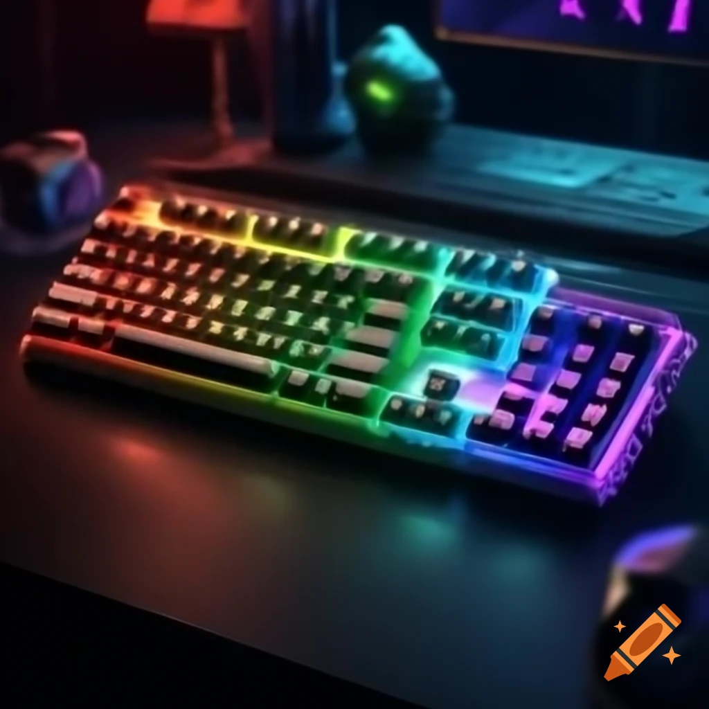 Vibrant gaming keyboard with glowing keys and 'Dr. Bask' inscription on ...