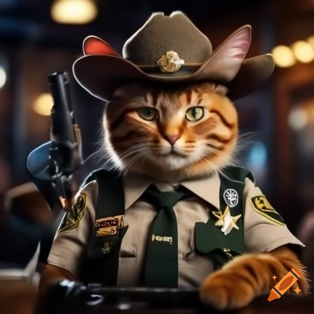 Red cat dressed as texas ranger sheriff with tiny gun and big hat in ...