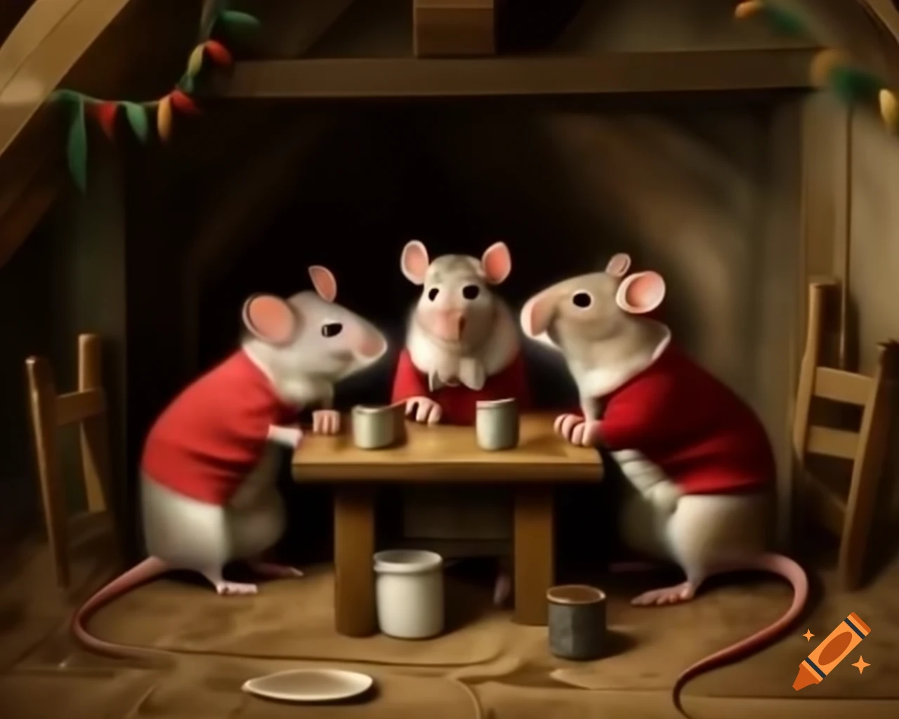 Three adorable rats in holiday sweaters gather around rustic table with ...