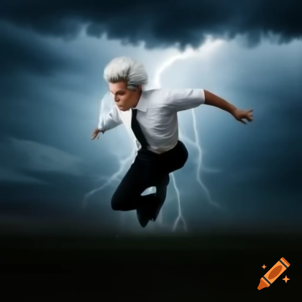 Man with white hair in formal attire floating during thunderstorm on ...