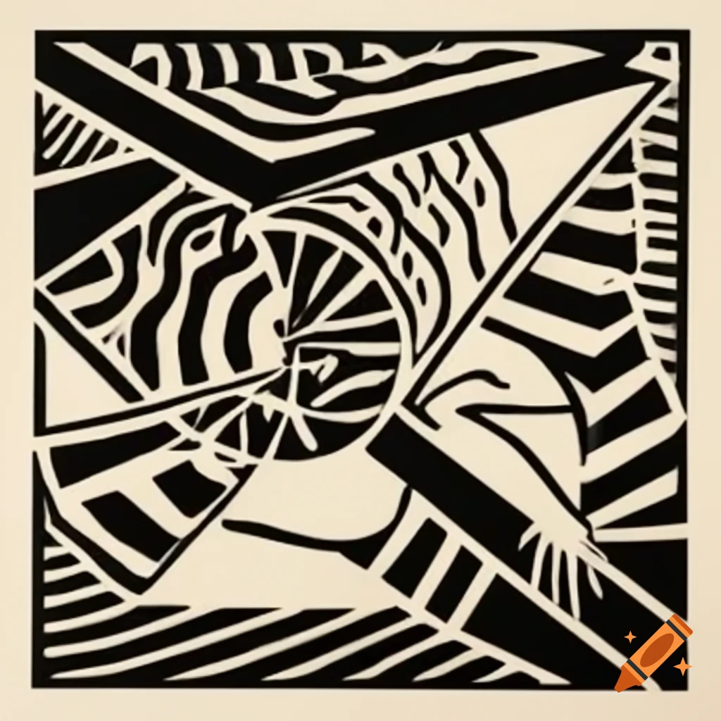 Modern linocut print with bold geometric shapes and abstract forms on ...