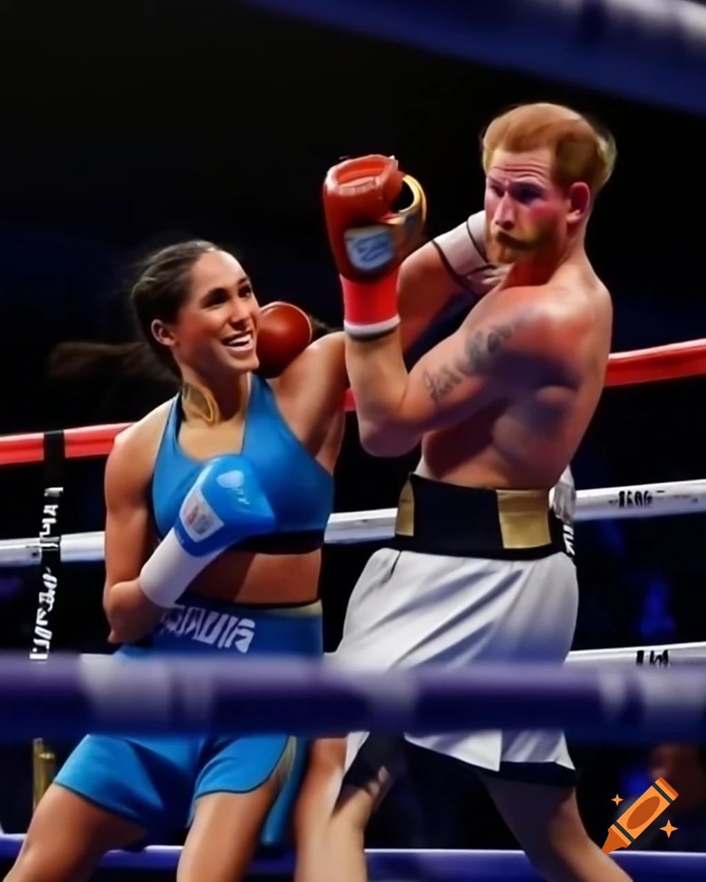 Meghan Markle and Prince Harry engaging in a boxing match on Craiyon