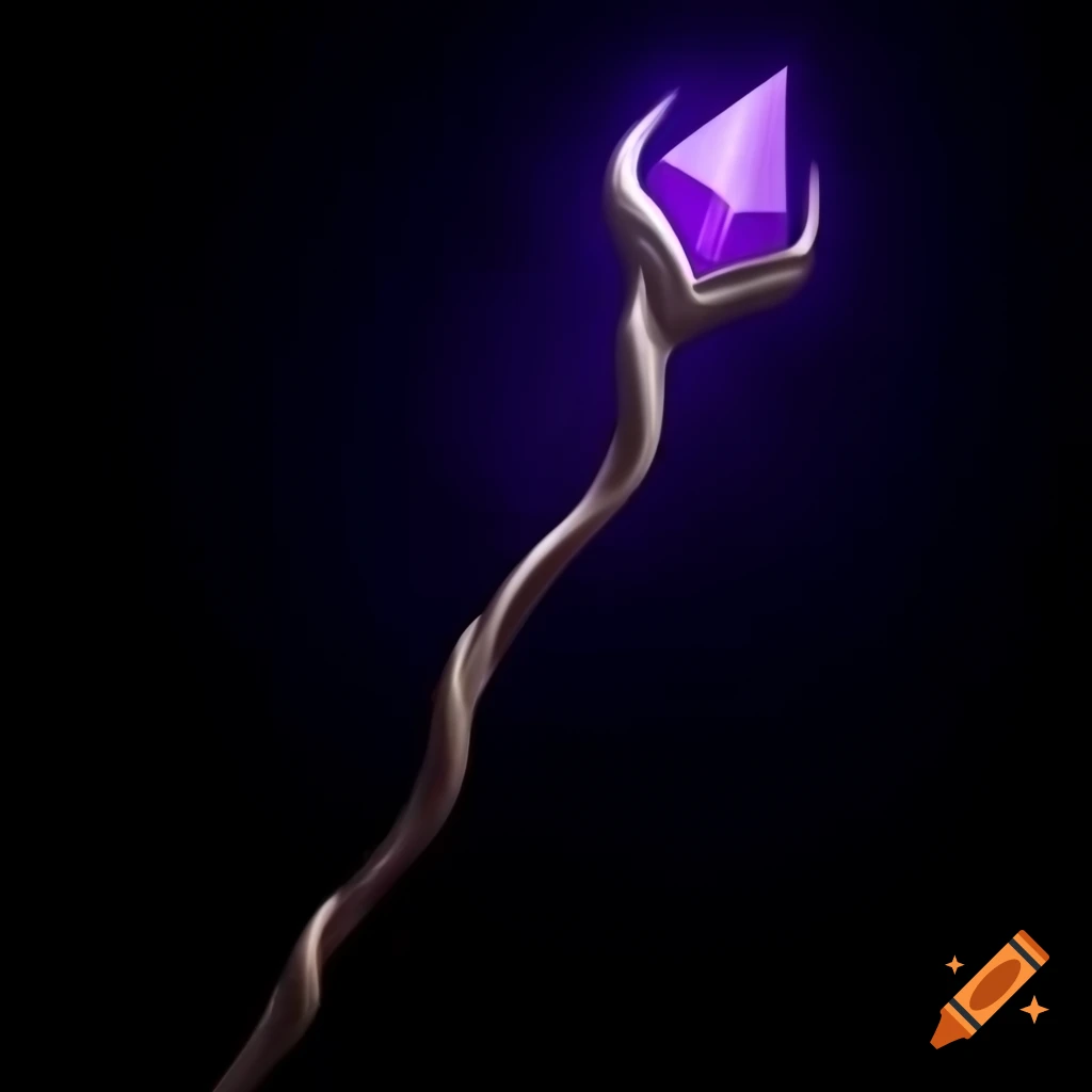 Staff of light and shadow topped with violet crystal emitting arcane ...