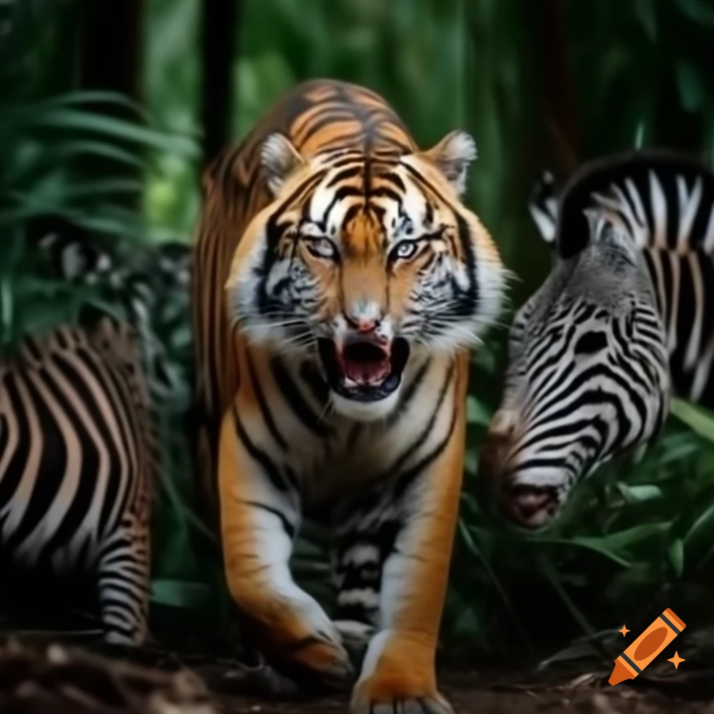 Cinematic 8k masterpiece of tiger and zebra in profile facing each ...