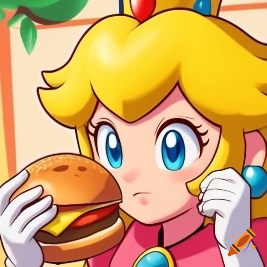 Princess Peach utilizing a burger power-up in a whimsical scene on Craiyon