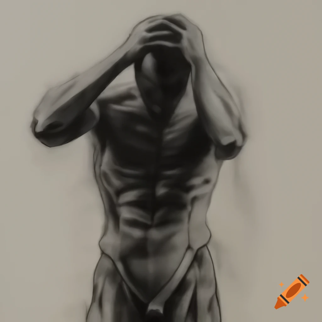 Monochromatic drawing of dramatic male figure with detailed musculature ...