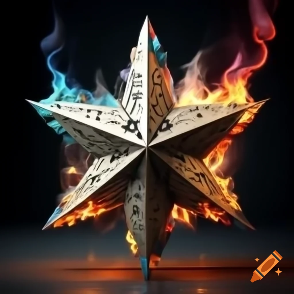 Metallic white eight-sided star with engraved runes and colorful flames ...