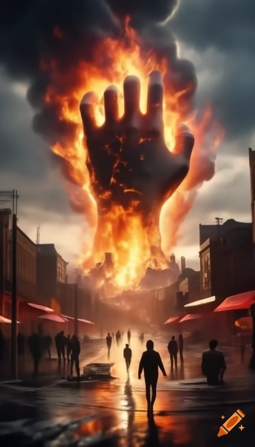 Giant hand emerging from black hole with fire edges as people flee in ...