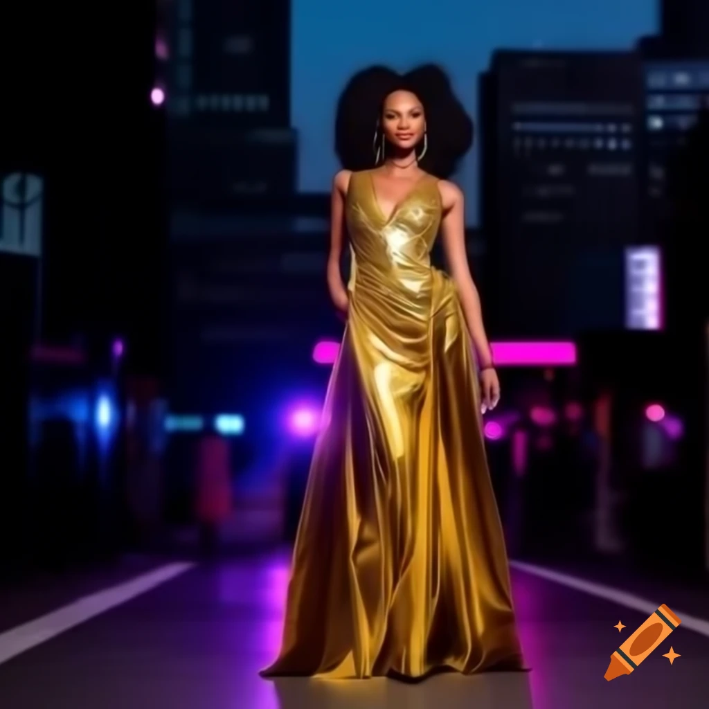 Stylish female model in metallic golden evening gown walking on runway ...