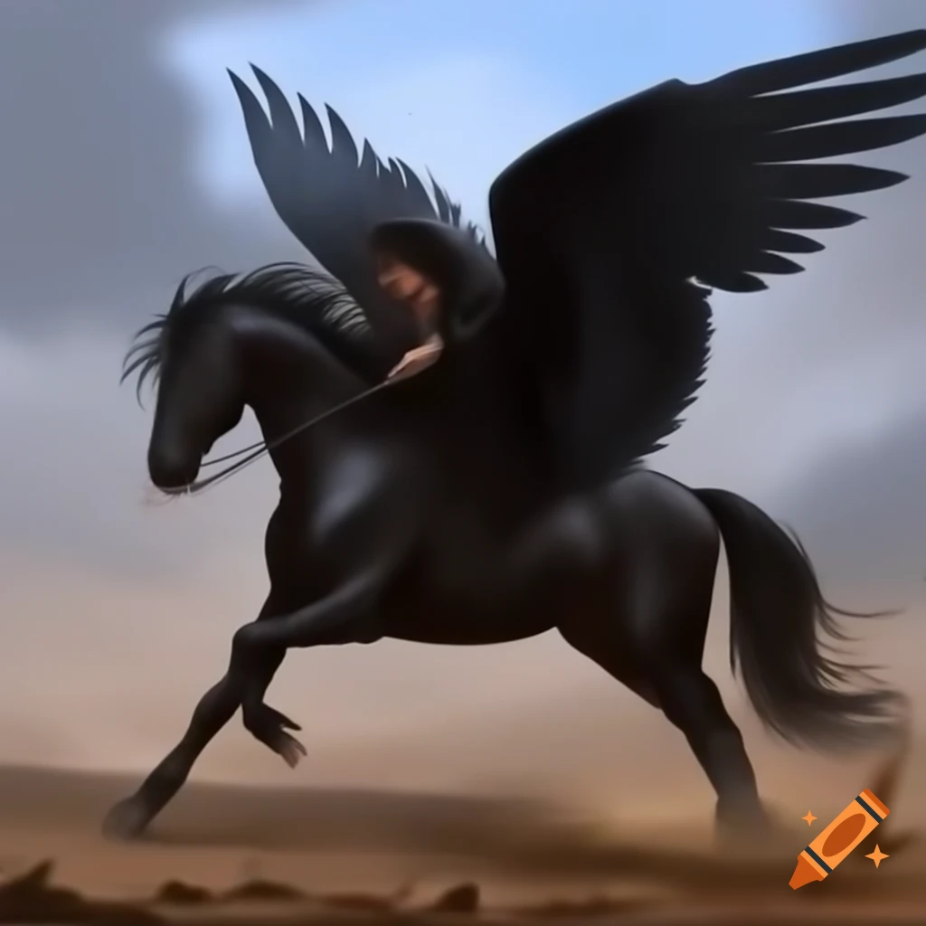 Angel with black wings riding black pegasus with wire roots wrapped ...