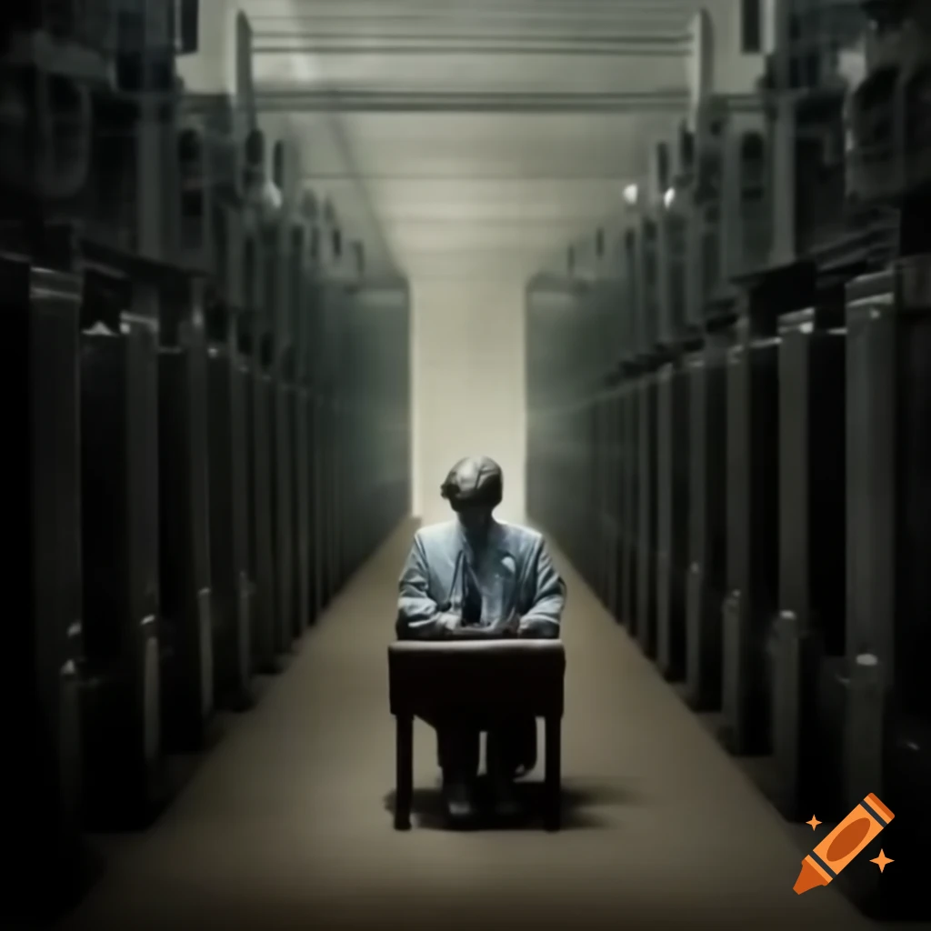 Solitary figure hunched over typewriter amid towering machines on Craiyon