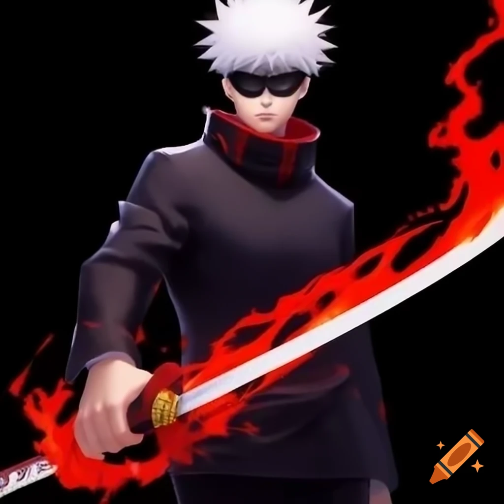 Gojo satoru from jujutsu kaisen with red flaming sword and headphones ...