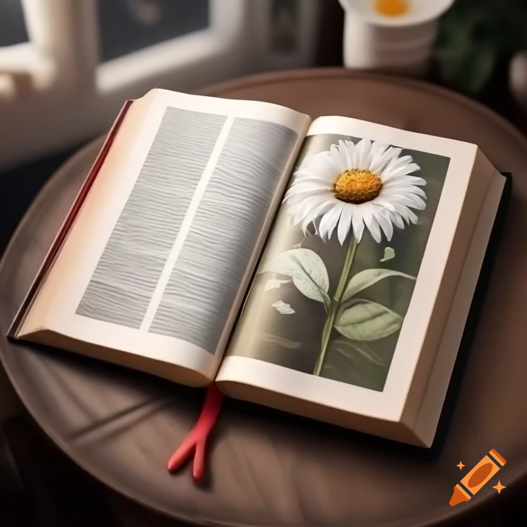 Photorealistic depiction of a large book with daisy illustration on Craiyon