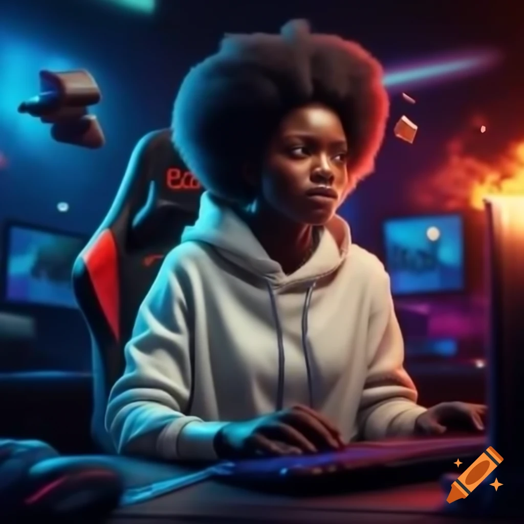 African American female gamer with afro puffs in gaming setup ...