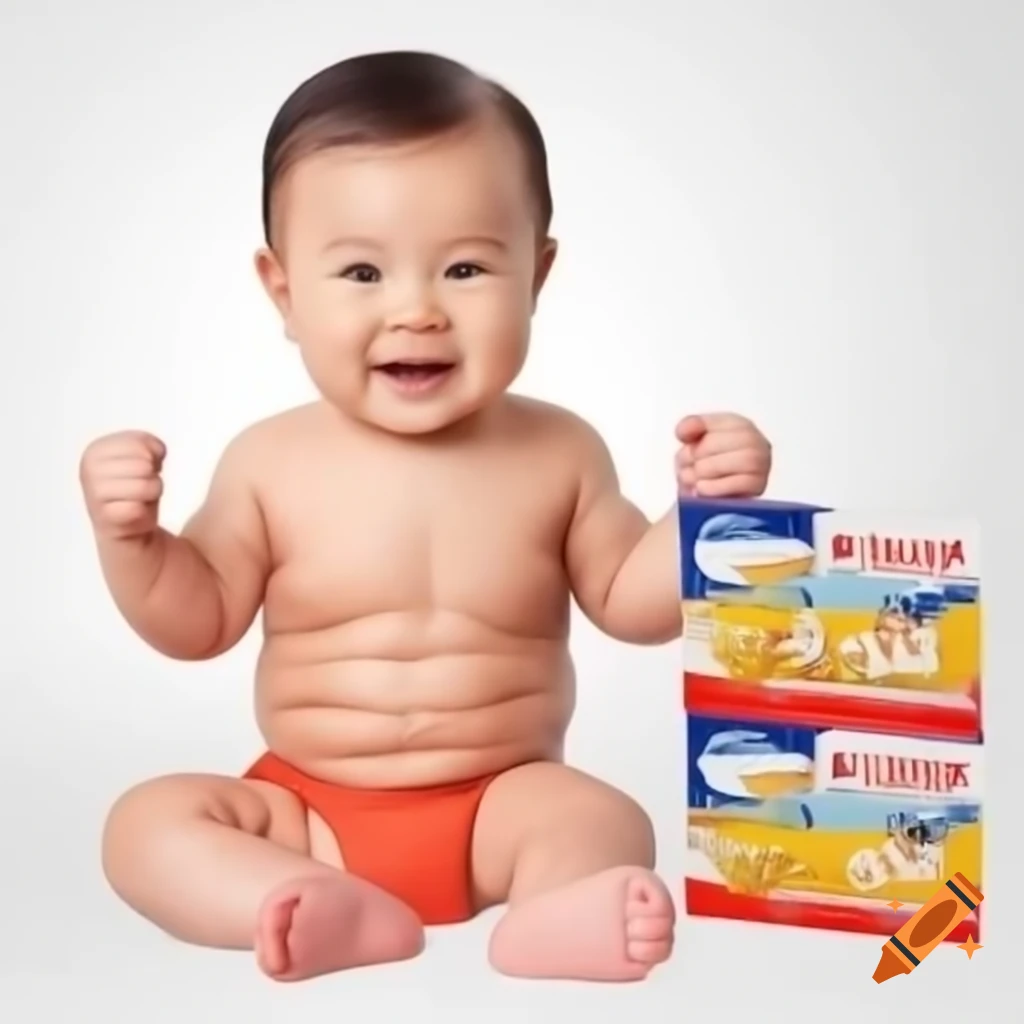 Humorous depiction of a baby with muscular physique on Craiyon