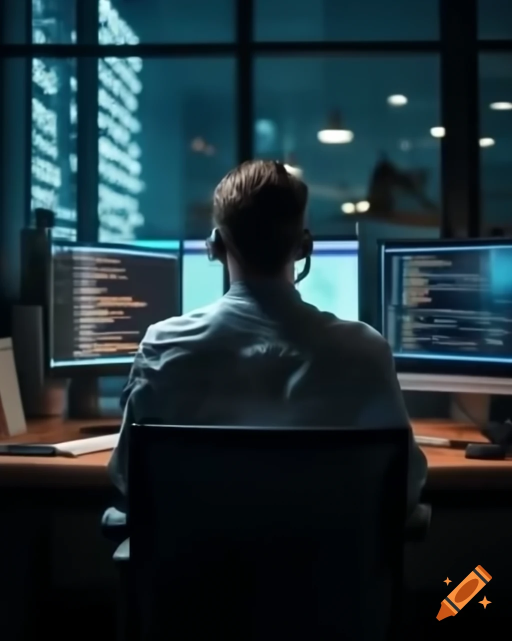 Programmer focused on coding at glowing computer in office with large window on Craiyon