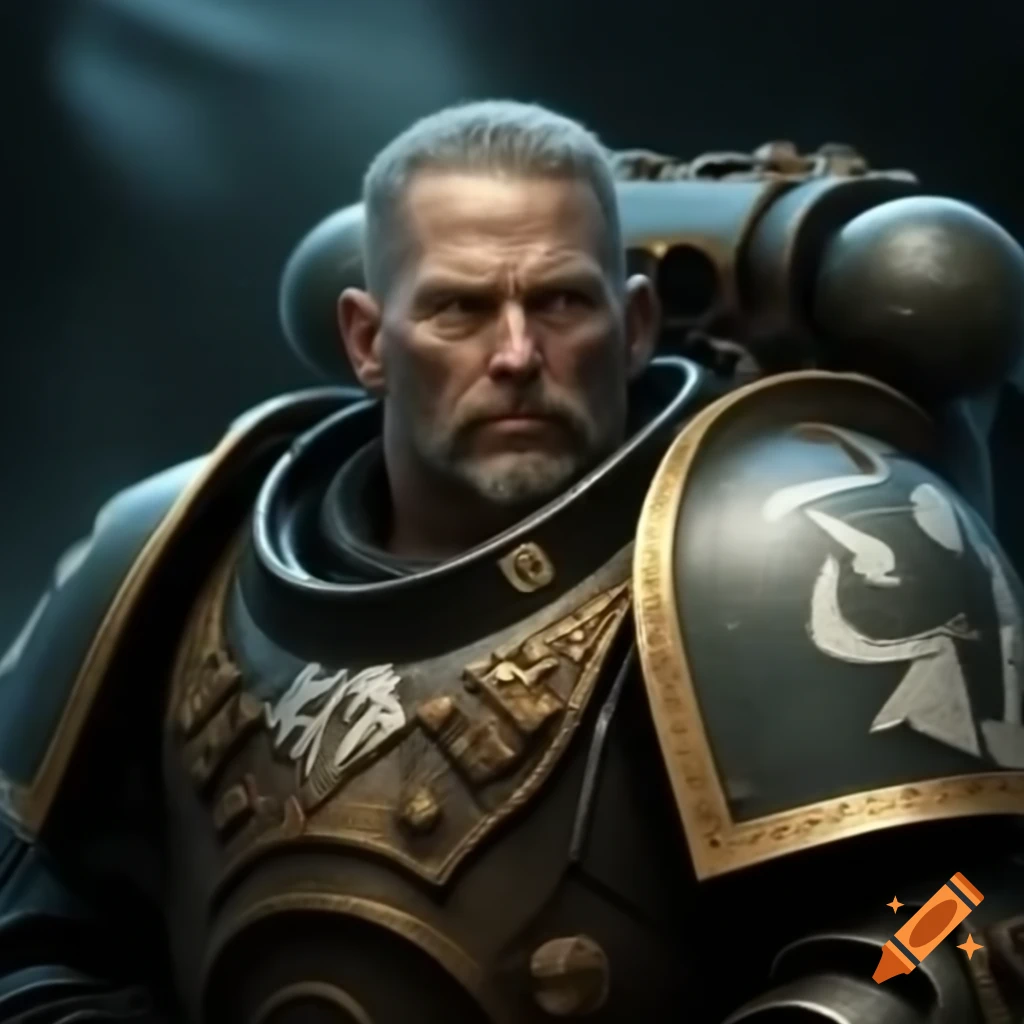 Close-up of heavily armed Warhammer space marine in worn armor amidst a ...