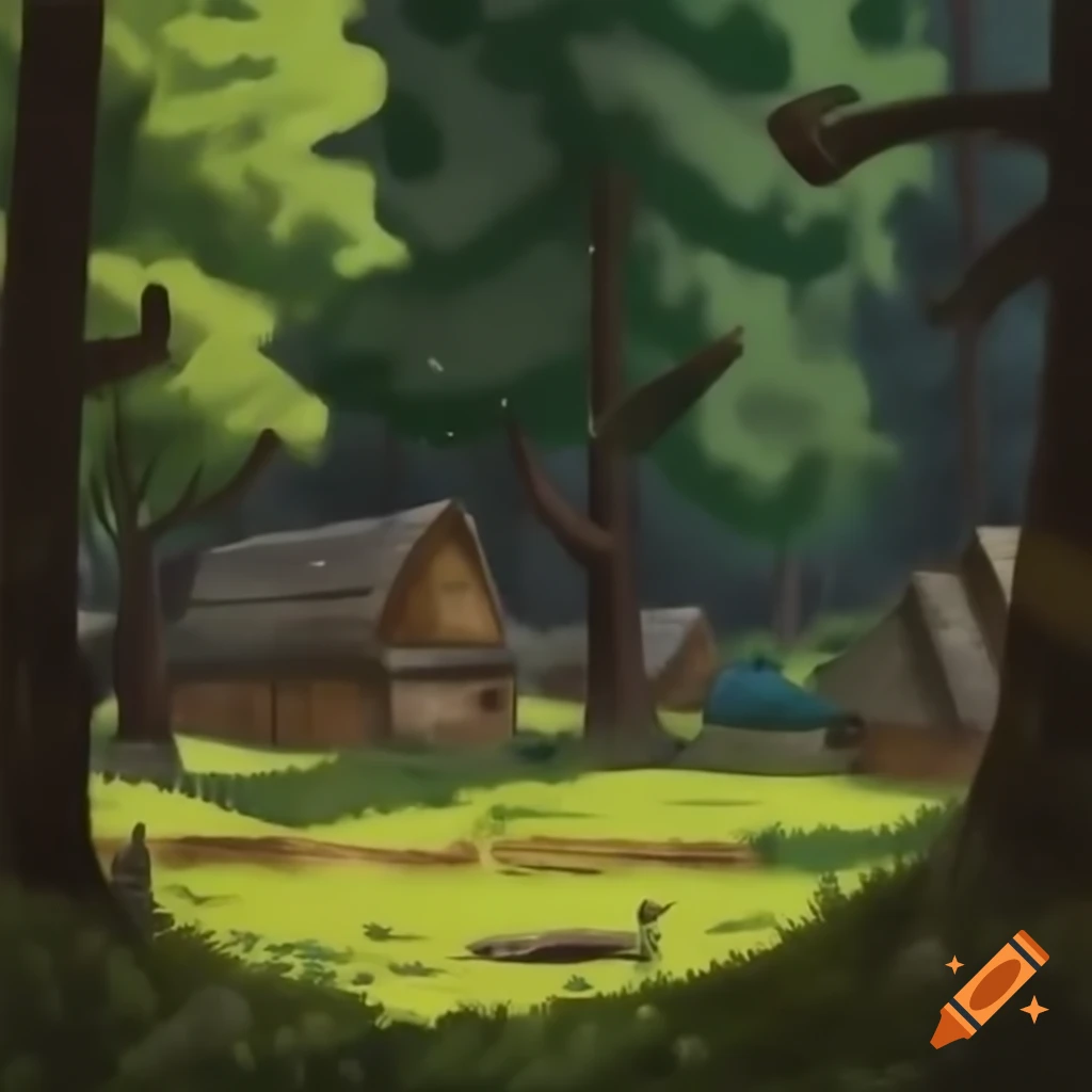 Wooded village with log cabins and villagers in Pil painting style on ...