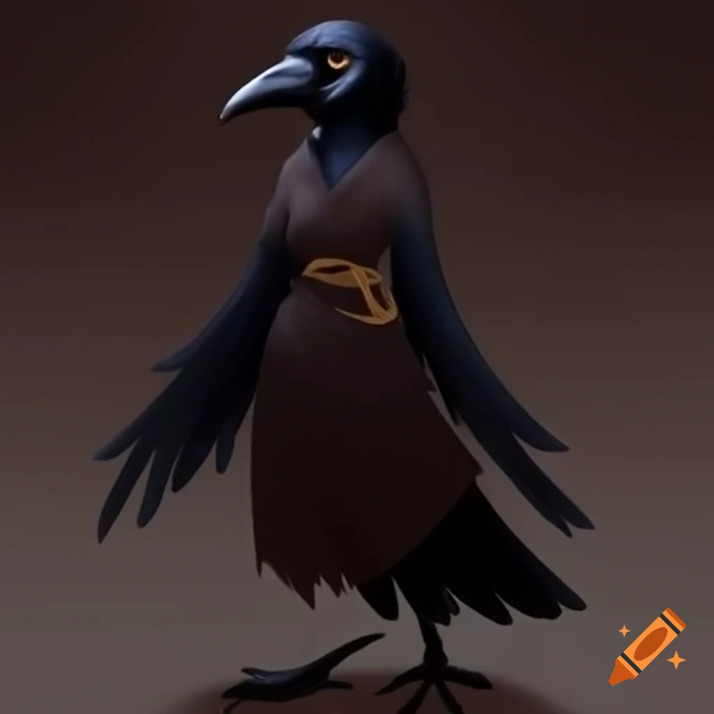 Anthropomorphic crow girl in flowing robes standing gracefully on Craiyon