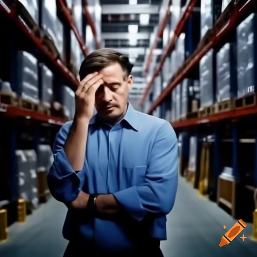 Frustrated warehouse manager amidst cartons and pallets dealing with ...