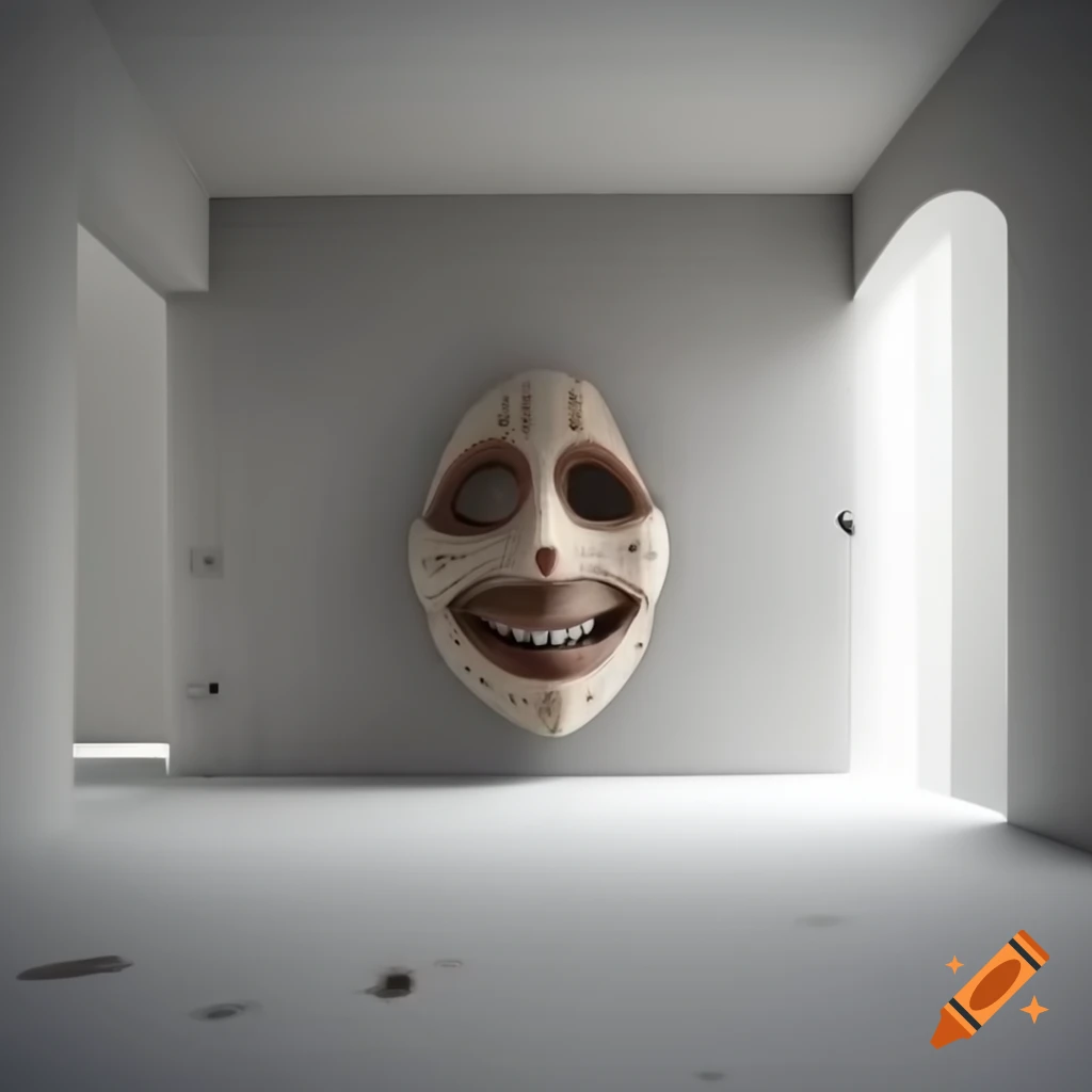 Hyper-realistic small wooden and cement smiling mask partially ...