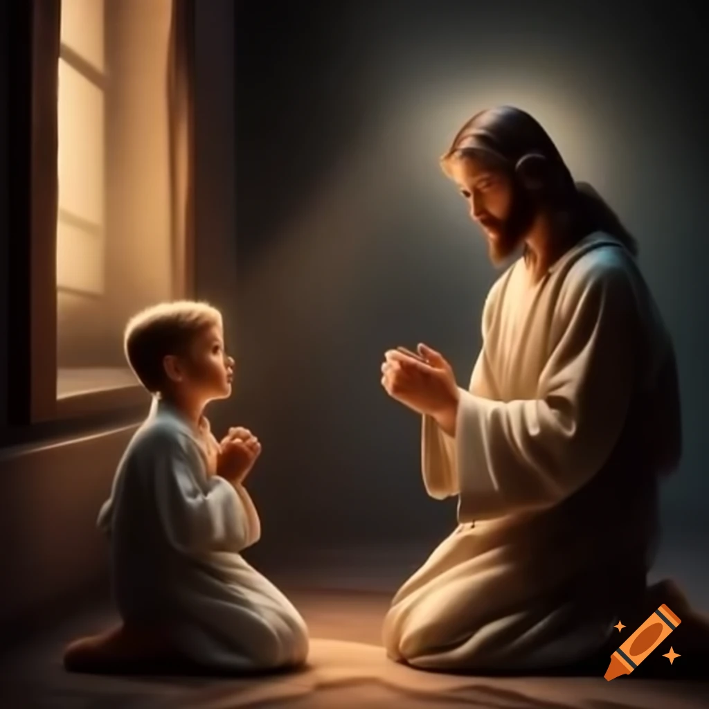 Boy praying beside figure of Jesus in a different dimension on Craiyon