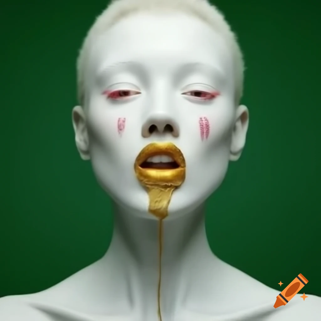 Artistic depiction of a woman's torso bleeding gold against a green ...