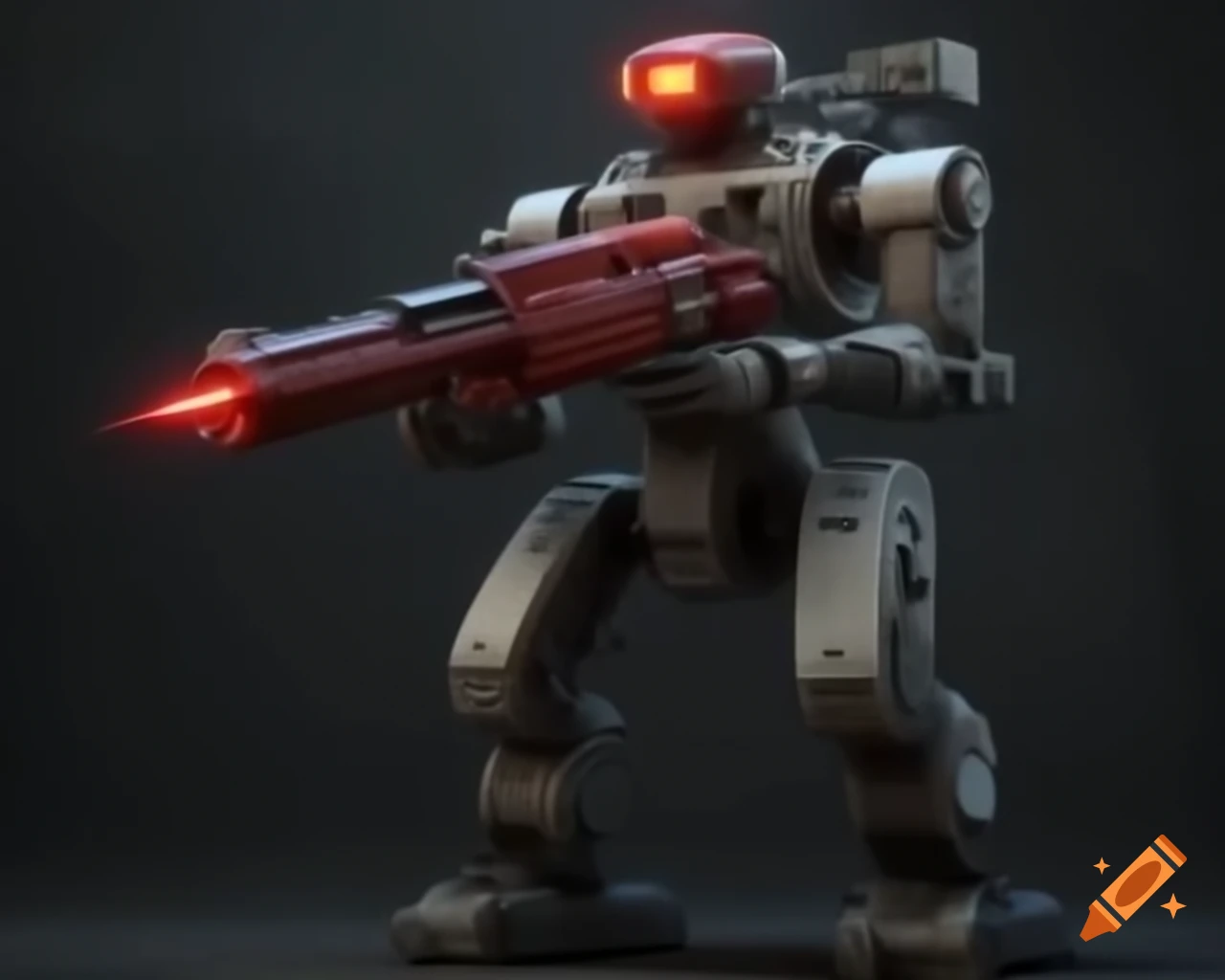 Humanoid robot with red glowing blaster rifle and industrial design on ...