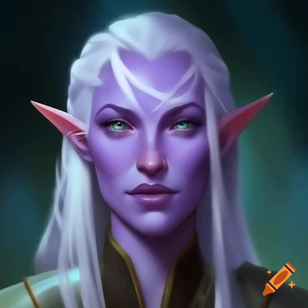Fantasy portrait of middle-aged elf woman with white hair and purplish ...