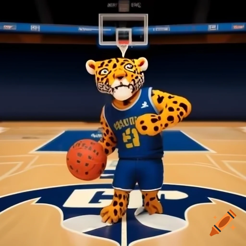 Cartoon jaguar in navy blue and gold playing basketball on indoor court ...