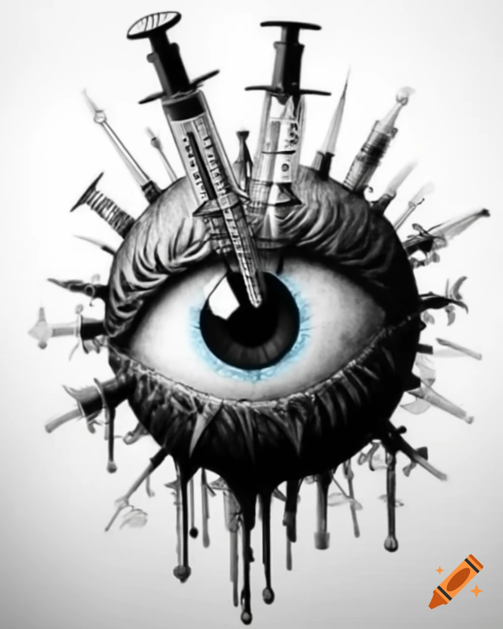 Black and white hand-drawn dark eye orb with syringes, gothic style on ...