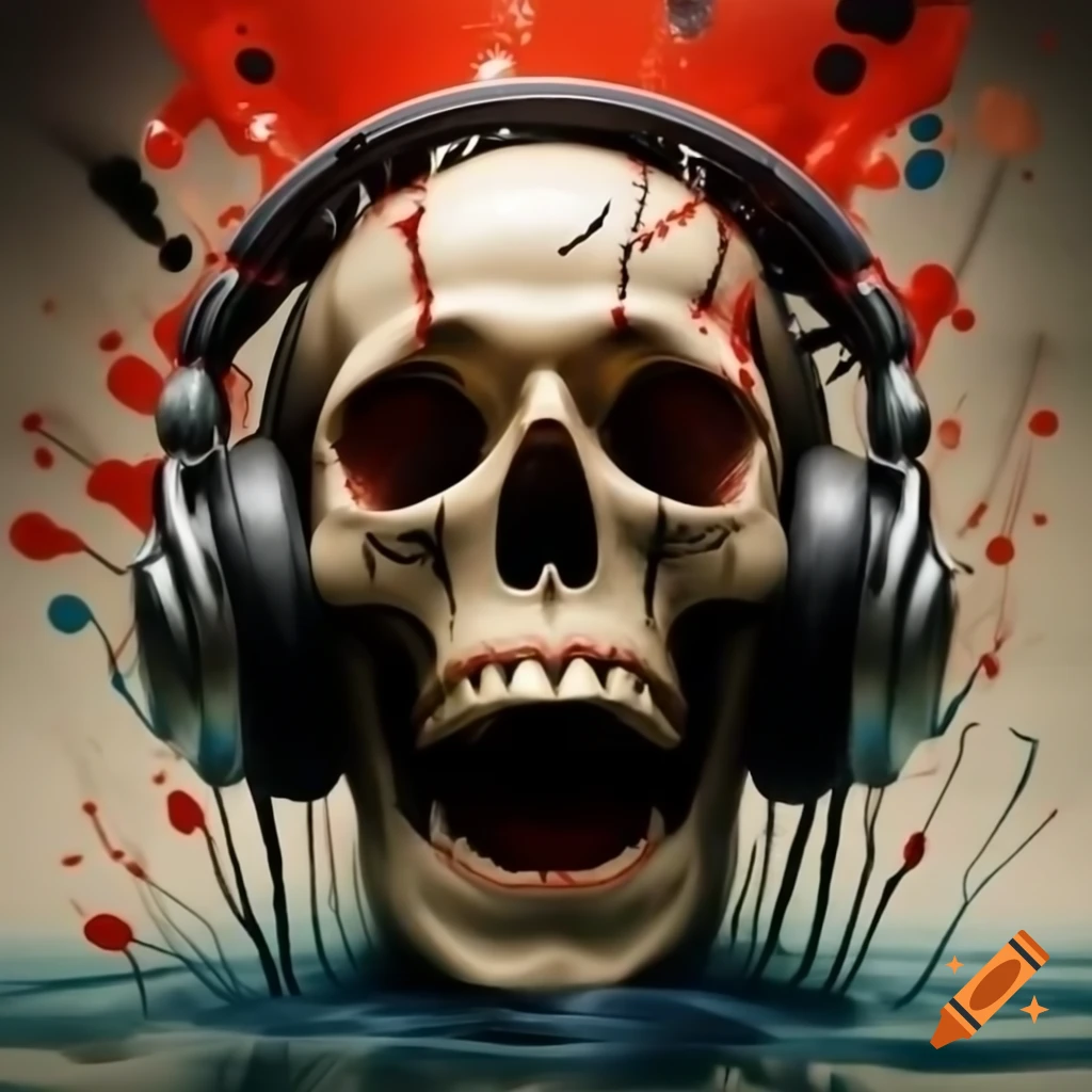 Chaotic drawing of broken headphones, music notes, and screaming figure ...