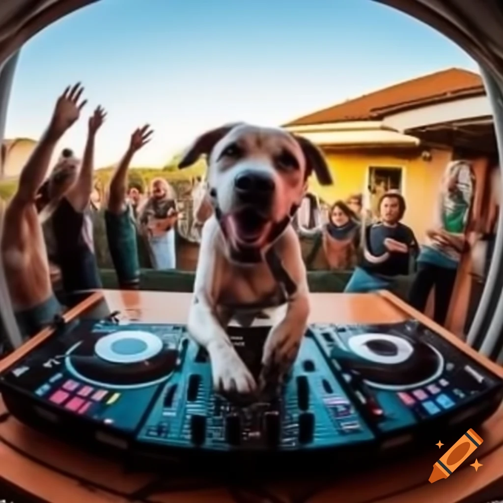 Dog DJing on balcony with people dancing at housewarming party on Craiyon