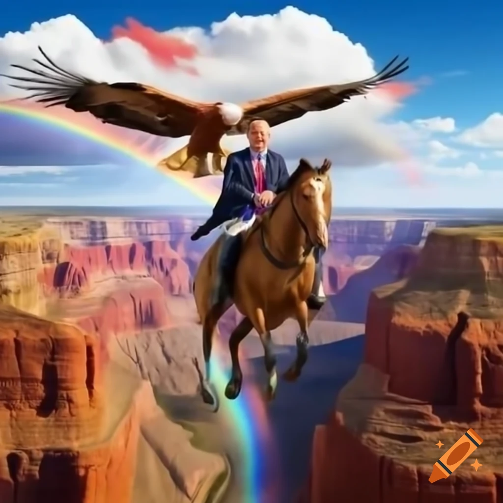 Trump riding horse on rainbow with M1 Garand and eagle over Grand ...