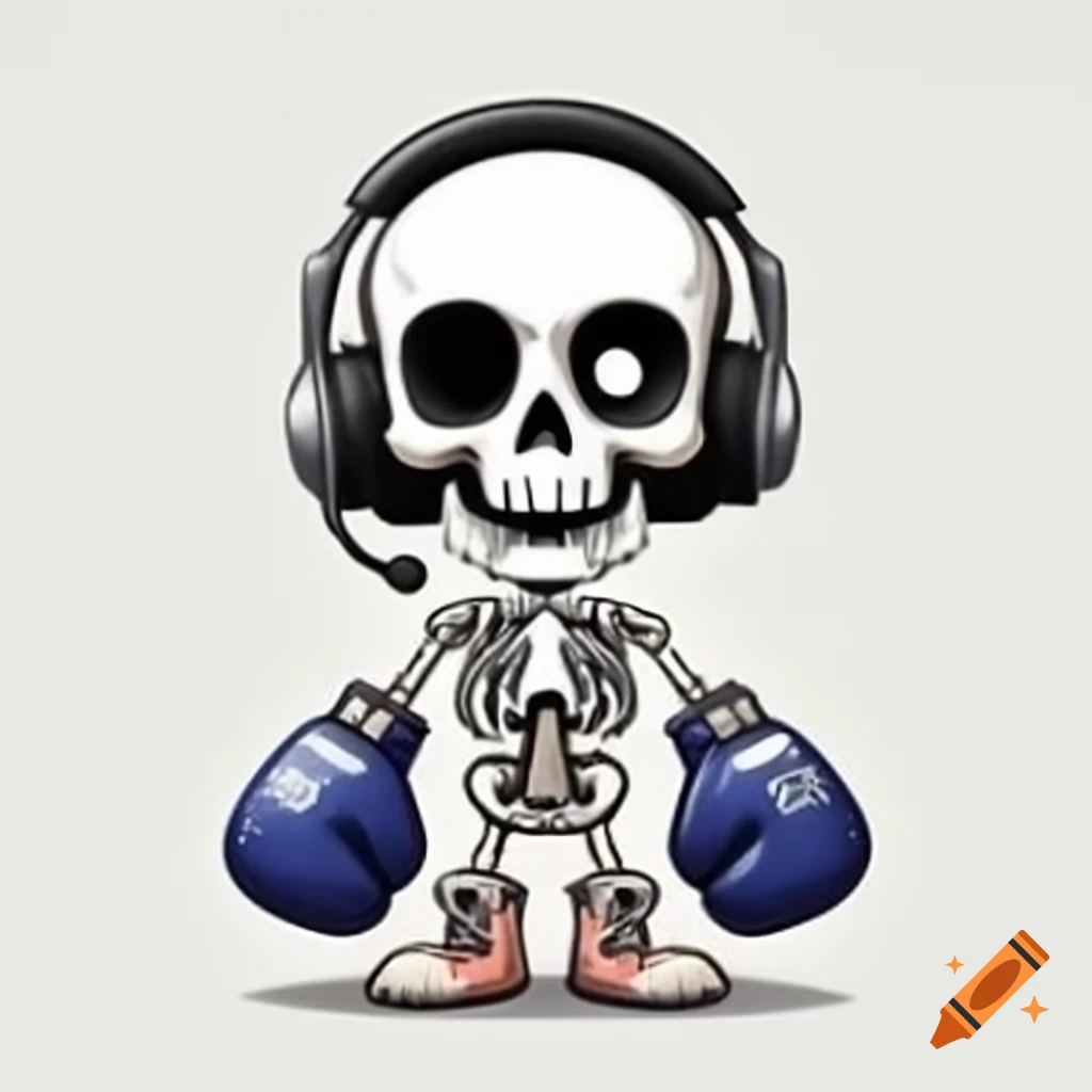 Cartoon skeleton with headset and boxing gloves on Craiyon