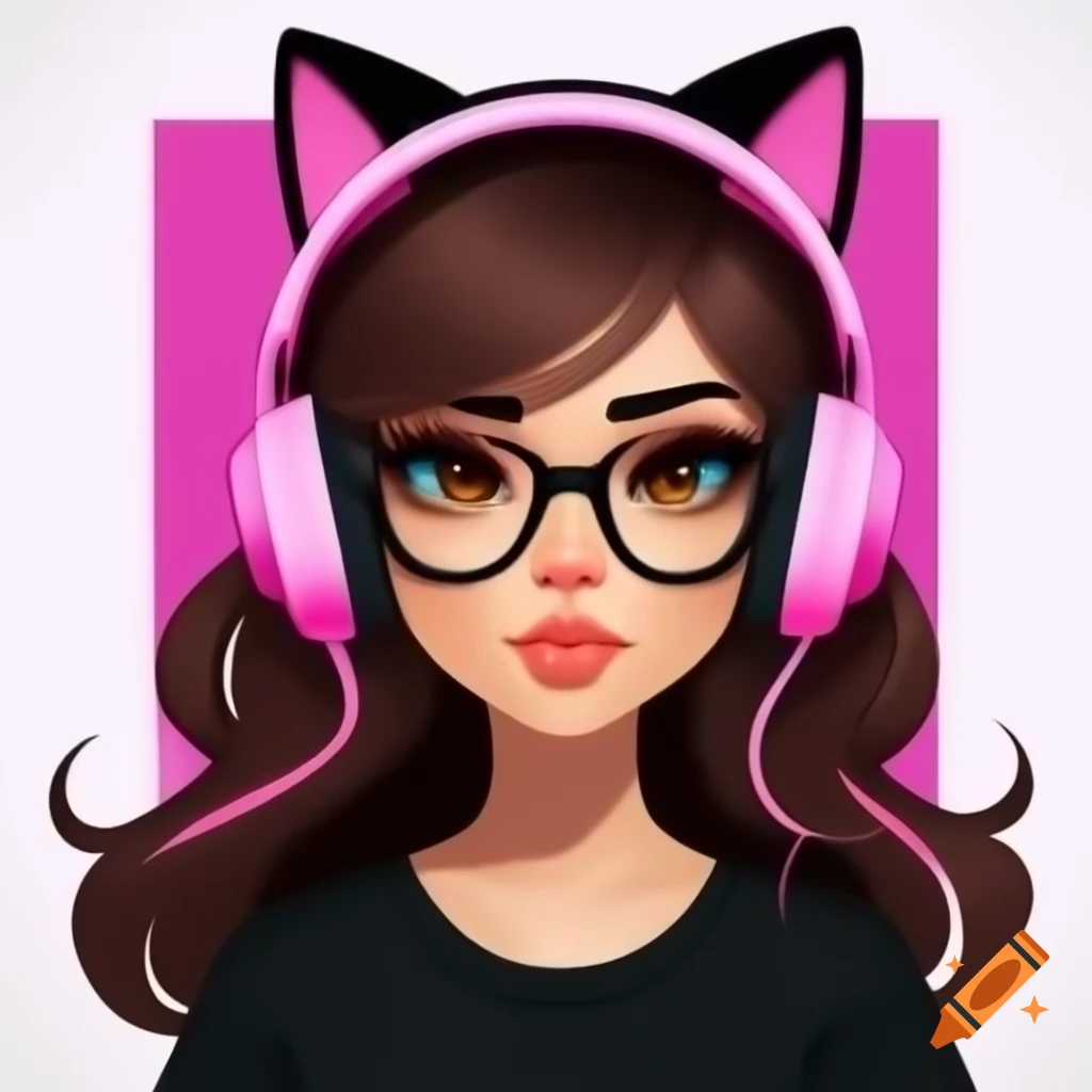 Stylish female gamer in 2d animation with cat-ear headphones and ...