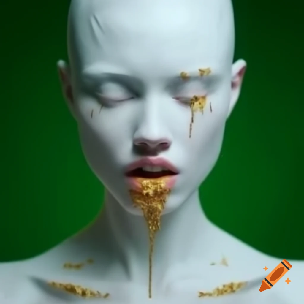 Artistic depiction of a woman's torso bleeding gold against a green ...