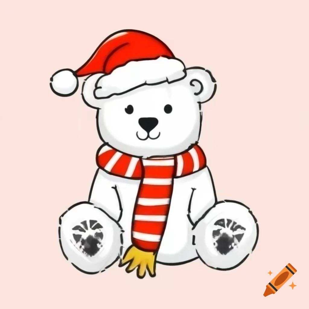 Doodle crayon drawing of polar bear wearing scarf and Santa hat on Craiyon