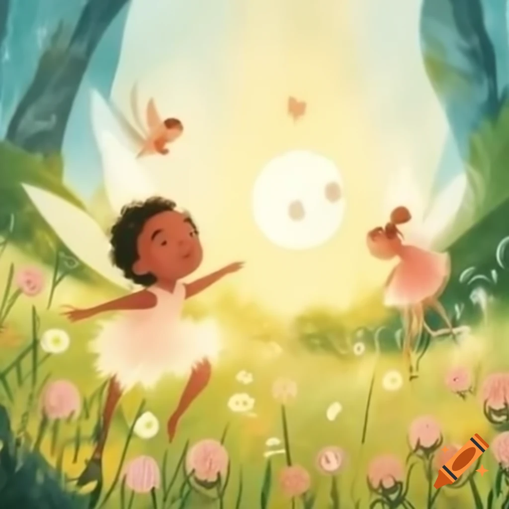 Whimsical scene of multi-racial fairies fluttering in sunlit English ...