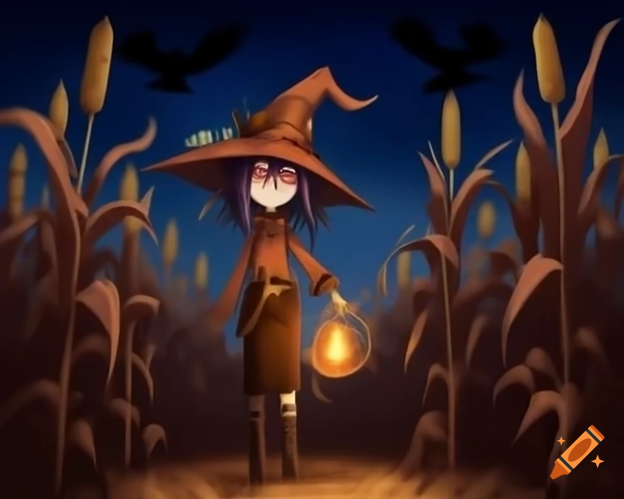 Mystical anime maiden in scarecrow attire standing in corn field under ...
