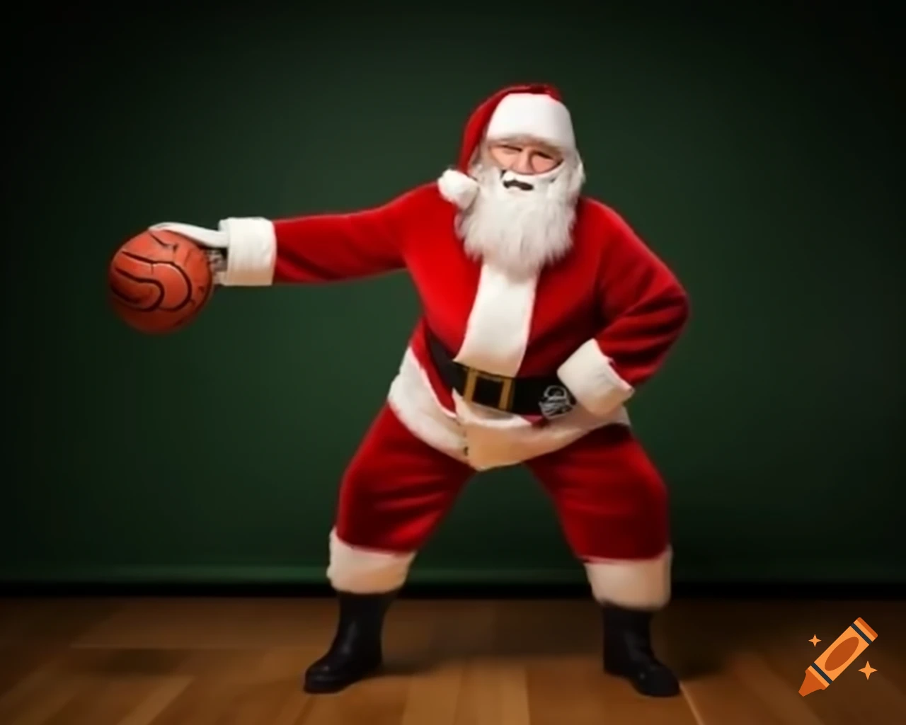 Santa Claus in basketball attire playfully dribbling a basketball on ...