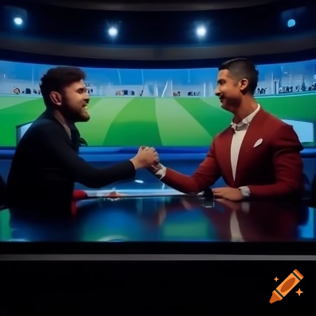 Cristiano ronaldo and mrbeast shaking hands in vibrant studio setting ...